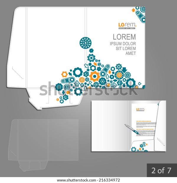 White folder template design for company with blue cogwheels and ...