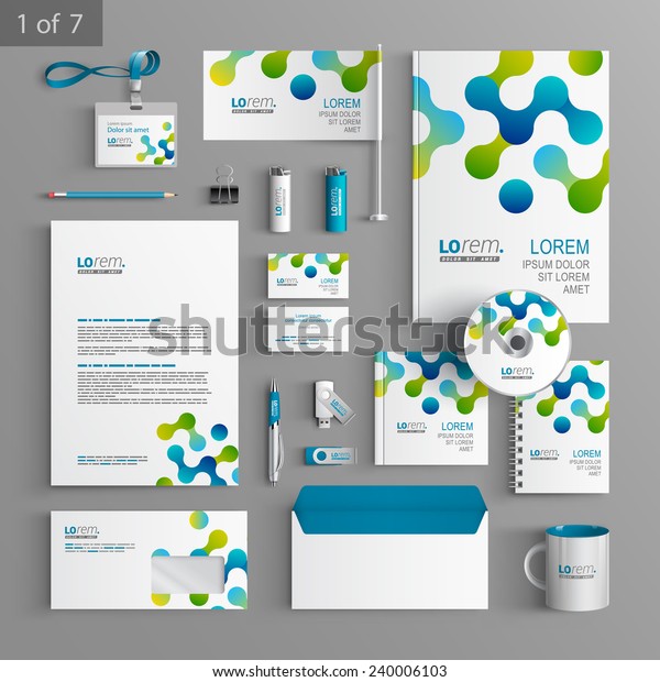 White stationery template design with blue and green geometric pattern ...