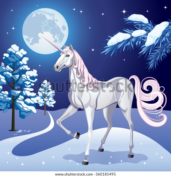 White Unicorn Snowy Winter Forest Stock Vector (Royalty Free) 360185495