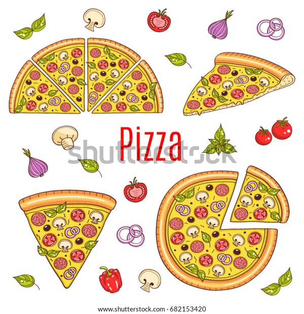 Whole Slices Pizza Set Hand Drawn Stock Vector (Royalty Free) 682153420 ...