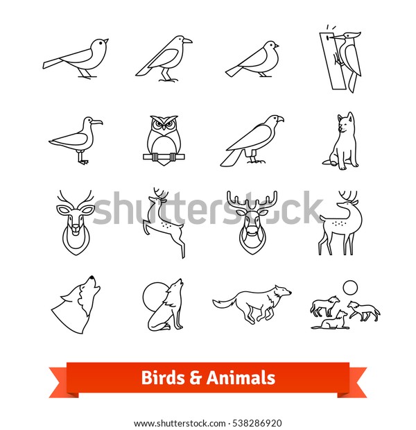Wild animals & birds thin line art icons set. Wildlife zoology, hunting ...