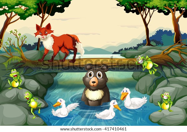 Wild Animals By River Illustration Stock Vector (Royalty Free) 417410461