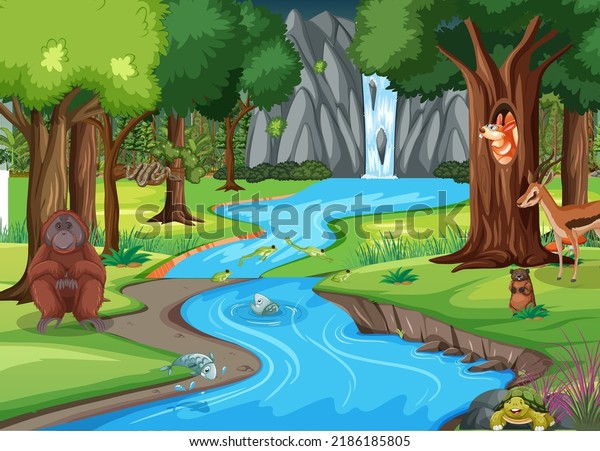 Wild Animals Cartoon Characters Forest Scene Stock Vector (Royalty Free ...