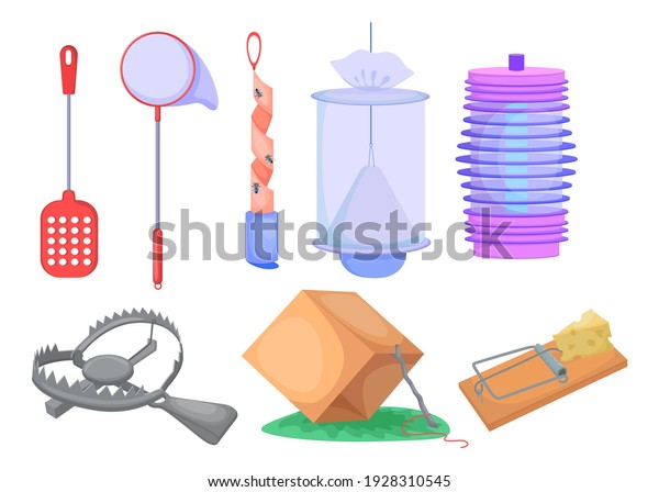 Wild animals and insects traps set. Metal trap for bear, mousetrap, net ...