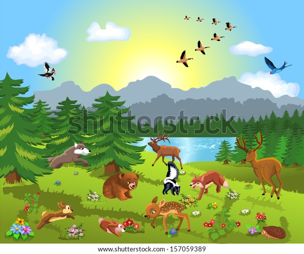 Wild Animals Meadow Stock Vector (Royalty Free) 157059389 | Shutterstock