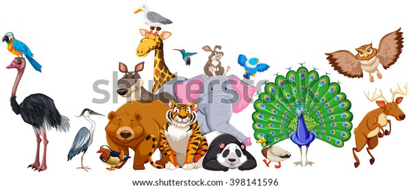 Wild Animals Standing Group Illustration: เวกเตอร์สต็อก (ปลอดค่า ...