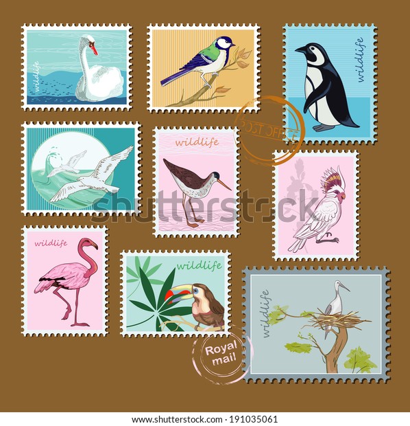 Wild Birds On Stamp Stock Vector (Royalty Free) 191035061 | Shutterstock