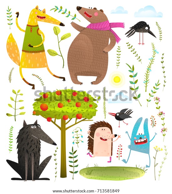 Wild Funny Forest Objects Animals Set Stock Vector (Royalty Free ...