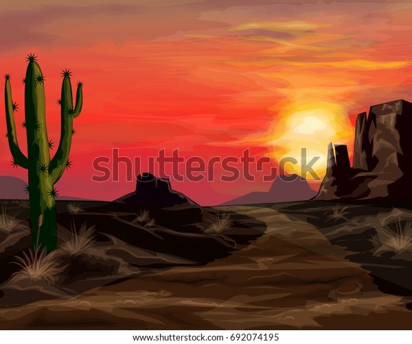 Wild West Sunset Landscape Background Vector Stock Vector (Royalty Free ...