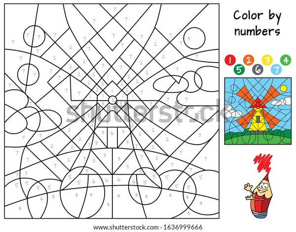 Windmill Color By Numbers Coloring Book Stock Vector (Royalty Free ...