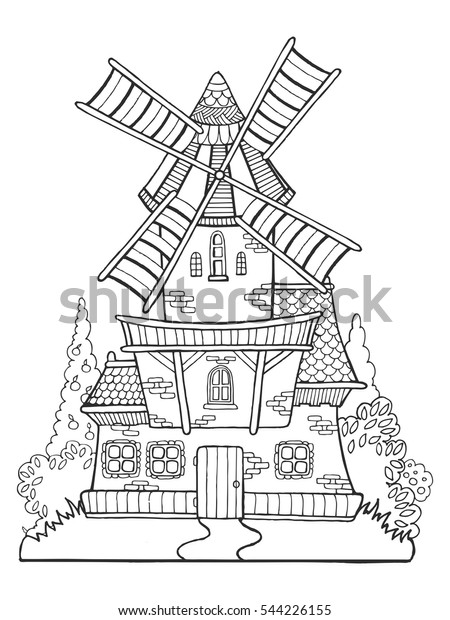 Windmill Drawing Coloring Book Adults Vector 库存矢量图（免版税）544226155