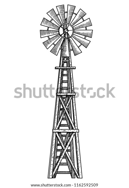 Windmill Illustration Drawing Engraving Ink Line Stock Vector (Royalty ...
