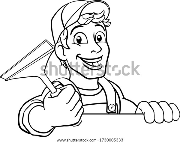 Vektor Stok Window Cleaning Cartoon Cleaner Mascot Man (Tanpa Royalti ...