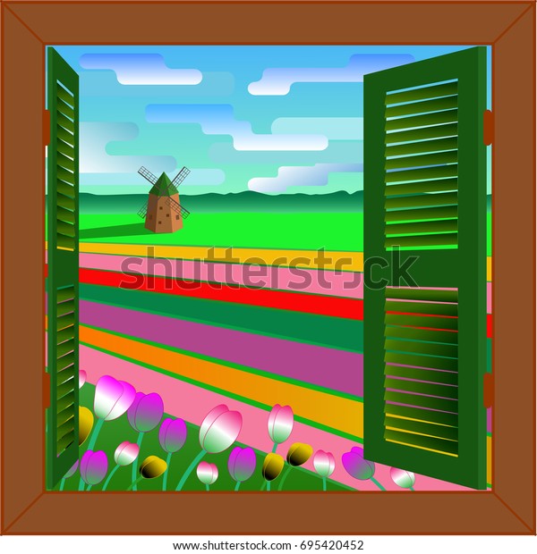 Window Holland Netherlands Landscape Background Mill Stock Vector ...