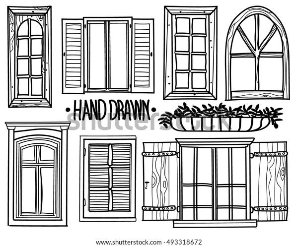 Window Set Drawings By Hand Shuttered Stock Vector (Royalty Free ...