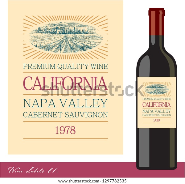 Wine Label Wine Bottle Vineyard Drawing Stock Vector (Royalty Free ...