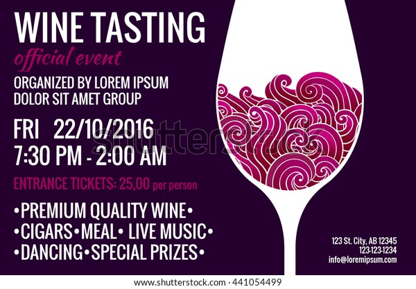 Wine tasting party flyer with stylized glass of red wine with swirls ...
