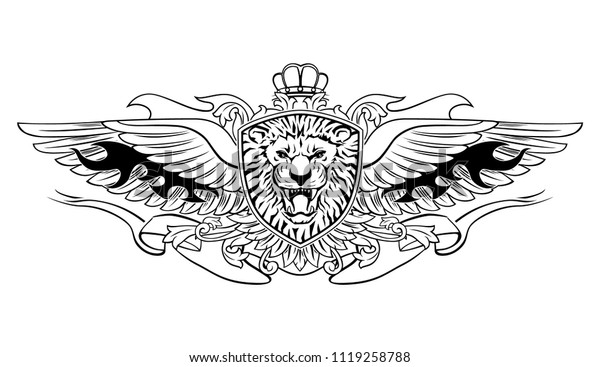 Winged Roaring Lion Head On Shield Stock Vector (Royalty Free ...
