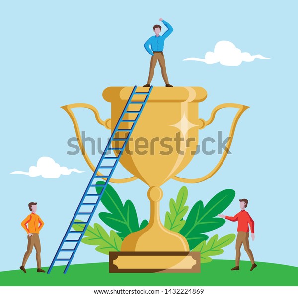 Winner Standing On Trophy Ladder Background Stock Vector (Royalty Free ...