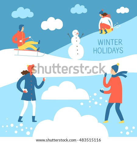 Winter Activities Cartoon Illustration Active Children เวกเตอร์สต็อก ...