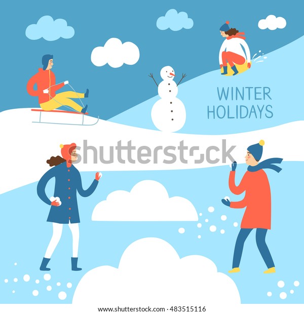 Winter Activities Cartoon Illustration Active Children เวกเตอร์สต็อก ...