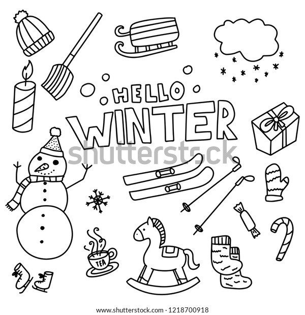 Winter Elements Icons Drawn By Hand Stock Vector (Royalty Free ...