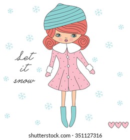 Hand Drawn Beautiful Cute Winter Girl: vector de stock (libre de ...