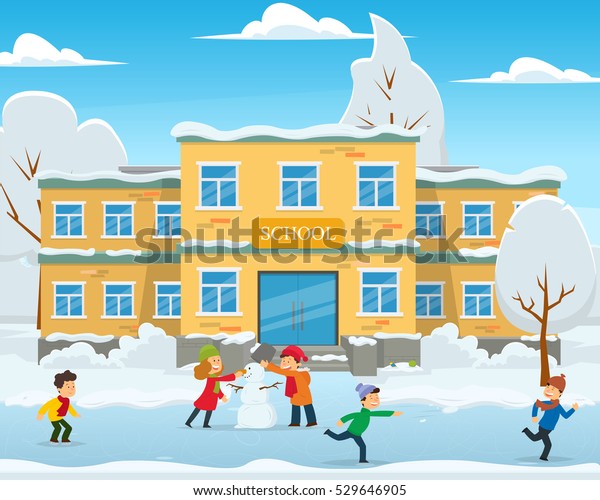 Winter Landscape School Building Snow Children Stock Vector (Royalty ...
