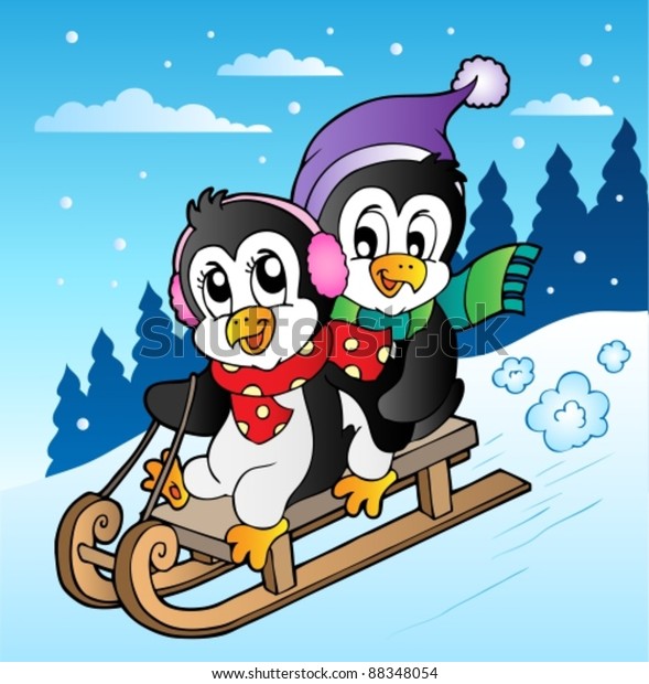 Winter Scene Penguins Sledging Vector Illustration Stock Vector ...