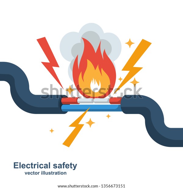 El cable se está quemando.Cableado de fuego. Cable dañado defectuoso ...