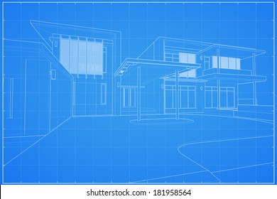 Wireframe Blueprint Drawing Modern House Vector Stock Vector (Royalty ...