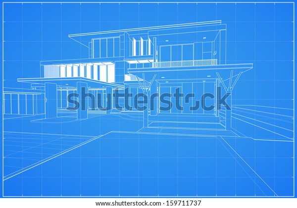 Wireframe Blueprint Drawing Modern House Vector Stock Vector (Royalty ...
