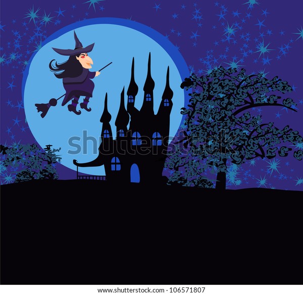 Witch Flying On Broom Moonlight Stock Vector (Royalty Free) 106571807 ...