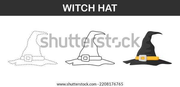 Witch Hat Tracing Coloring Worksheet Kids Stock Vector (Royalty Free ...