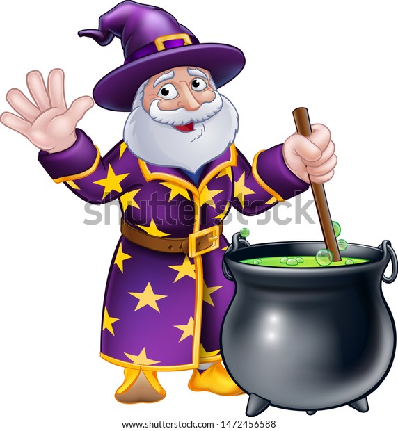 Wizard Cartoon Character Stirring Cauldron Pot Stock Vector (Royalty ...