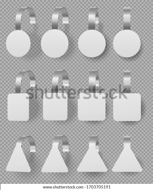 Wobblers mockup set. Blank price tags hang on wall. Round, square and ...