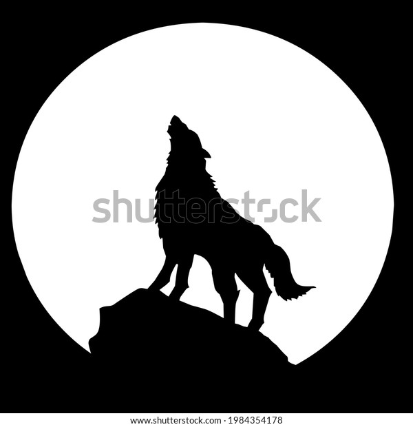 Wolf On Rock Under Full Moon Stock Vector (Royalty Free) 1984354178 ...