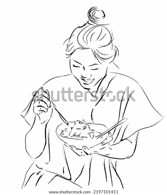 Woman Eats Line Art Drawing Stock Vector (Royalty Free) 2197101411 ...