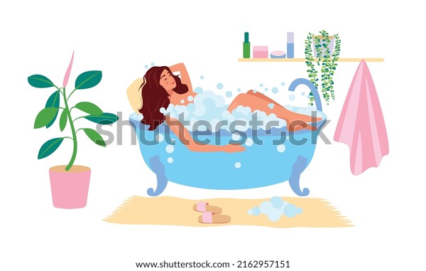 Una mujer toma un baño de: vector de stock (libre de regalías) 2162957151 | Shutterstock
