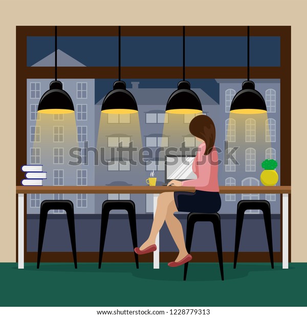 Woman Working Computer Bar Counter Near Stock Vector (Royalty Free ...