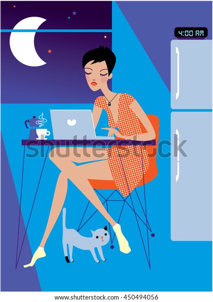 Woman Working Hard Computer Night Home Stock Vector (Royalty Free ...
