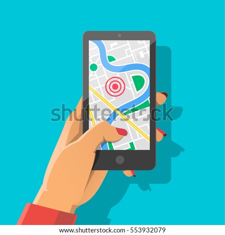 Womans Hand Holding Phone Map Marker Stock Vector (Royalty Free ...