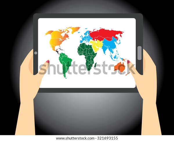 woman's hand holding a tablet with world map on the screen