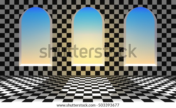 Wonderland Backgroundchess Checkered Floor Arch Windows Stock Vector ...