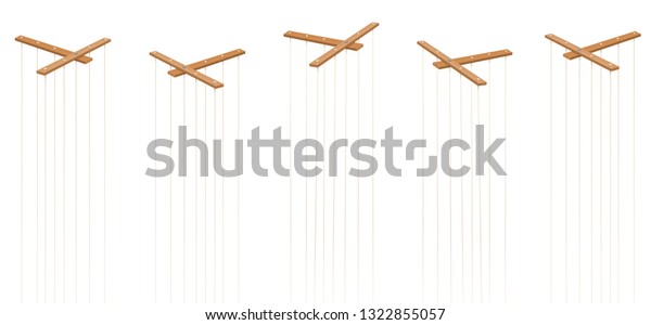 Wooden marionette control bars. Five items with strings and no puppets ...