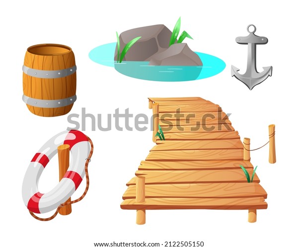 Wooden Pier Anchor Flotation Ring Cartoon Stock Vector (Royalty Free ...