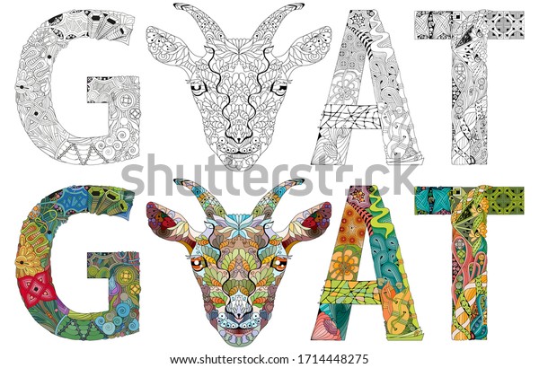 Palabra GOAT con la cabeza de un animal. Objeto vectorial zentangle ...