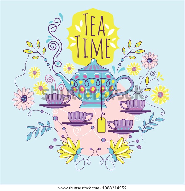 Words Tea Time Tea Set Flower: Stock-Vektorgrafik (Lizenzfrei ...