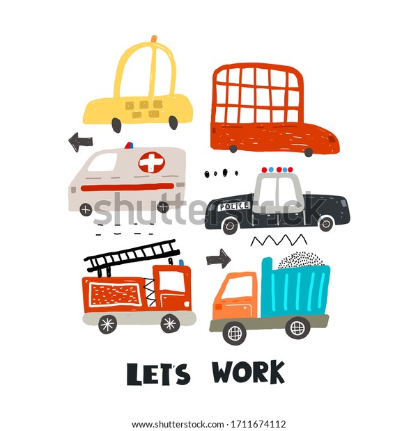 let’s work. cartoon toy car set, hand drawing lettering, decor elements ...