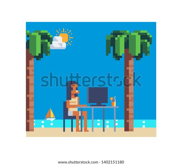Work Place Pixel Art Freelancer Female: เวกเตอร์สต็อก (ปลอดค่าลิขสิทธิ์ ...